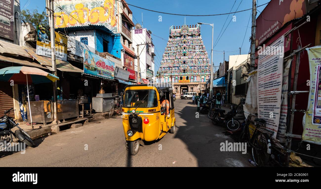 Trichy, Tamil Nadu, India - February 2020: A yellow rickshaw on the ...