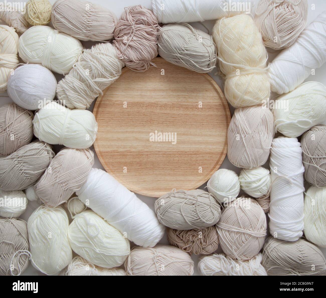 White, light, neutral yarn for knitting. Top view. Copy space Stock ...