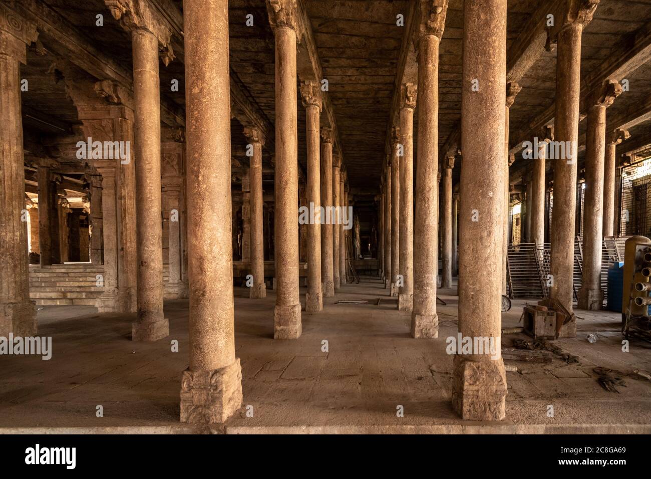 Trichy, Tamil Nadu, India - February 2020: The stone pillars of a hall ...