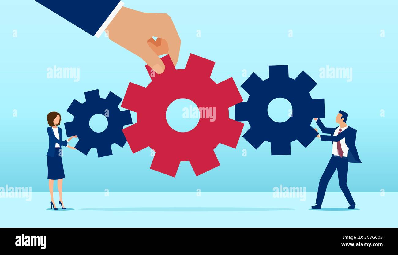 Vector of a big hand connecting business people with gear to ...