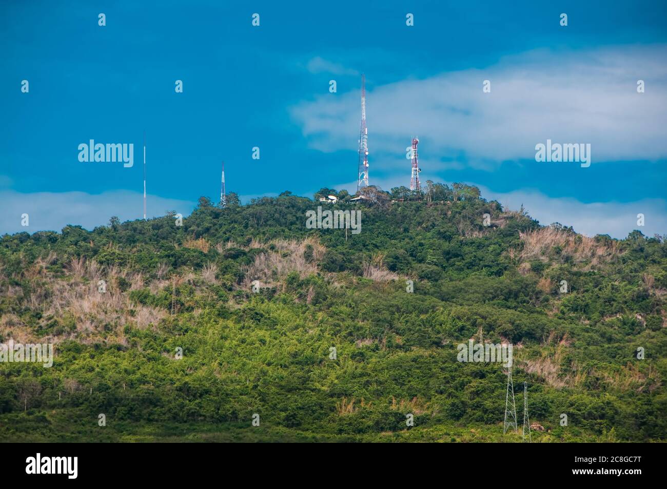 Mountain landscape with telecommunications tower located on top of the ...