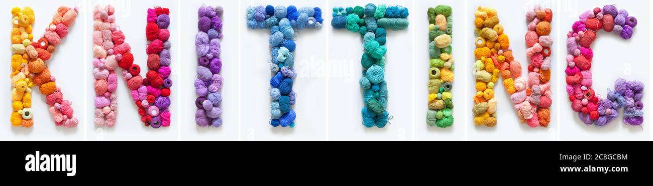 The word Kniting is made up of multi-colored skeins and a ball of yarn ...