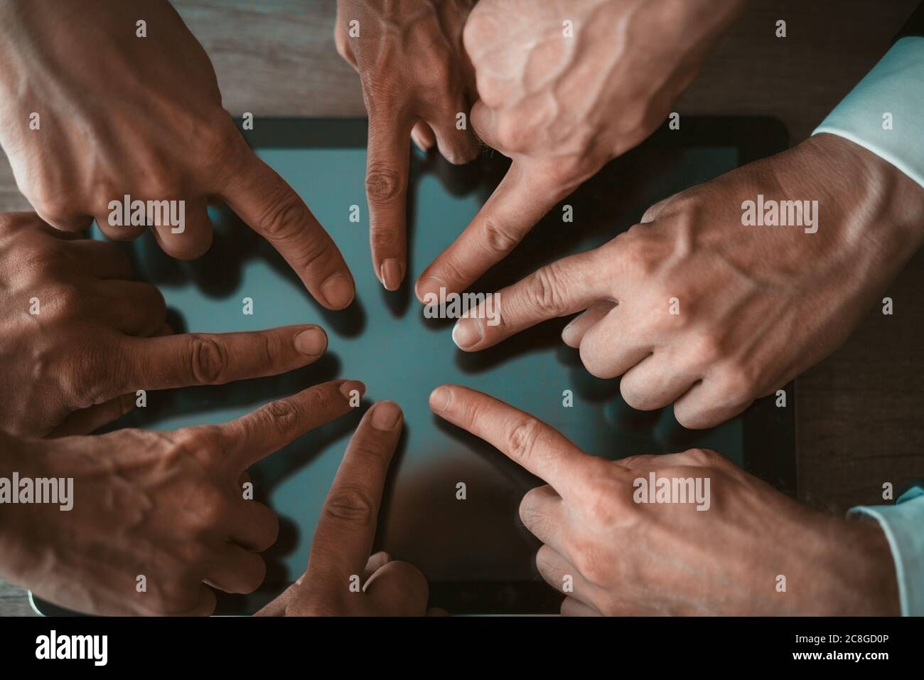 Business people showing on screen together. Human hands touching by ...