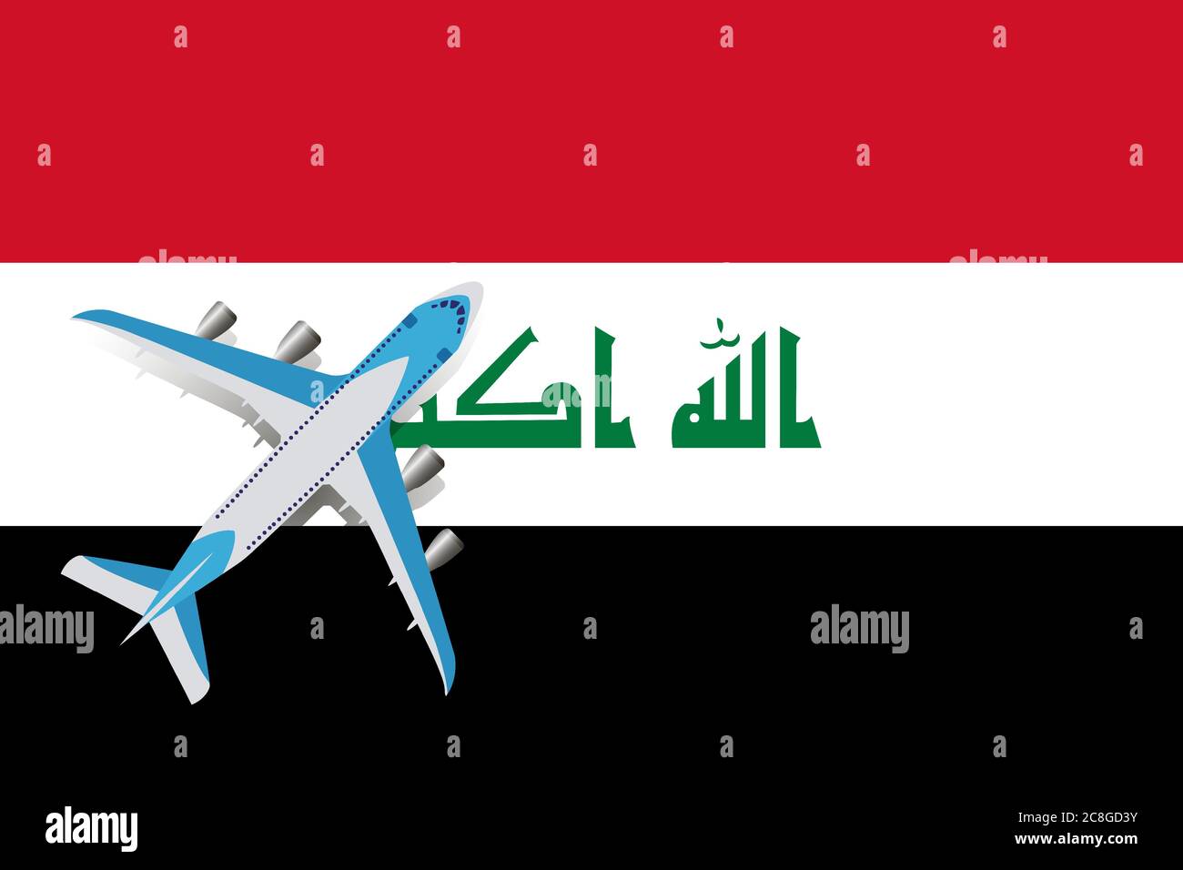 Vector Illustration of a passenger plane flying over the flag of Iraq ...
