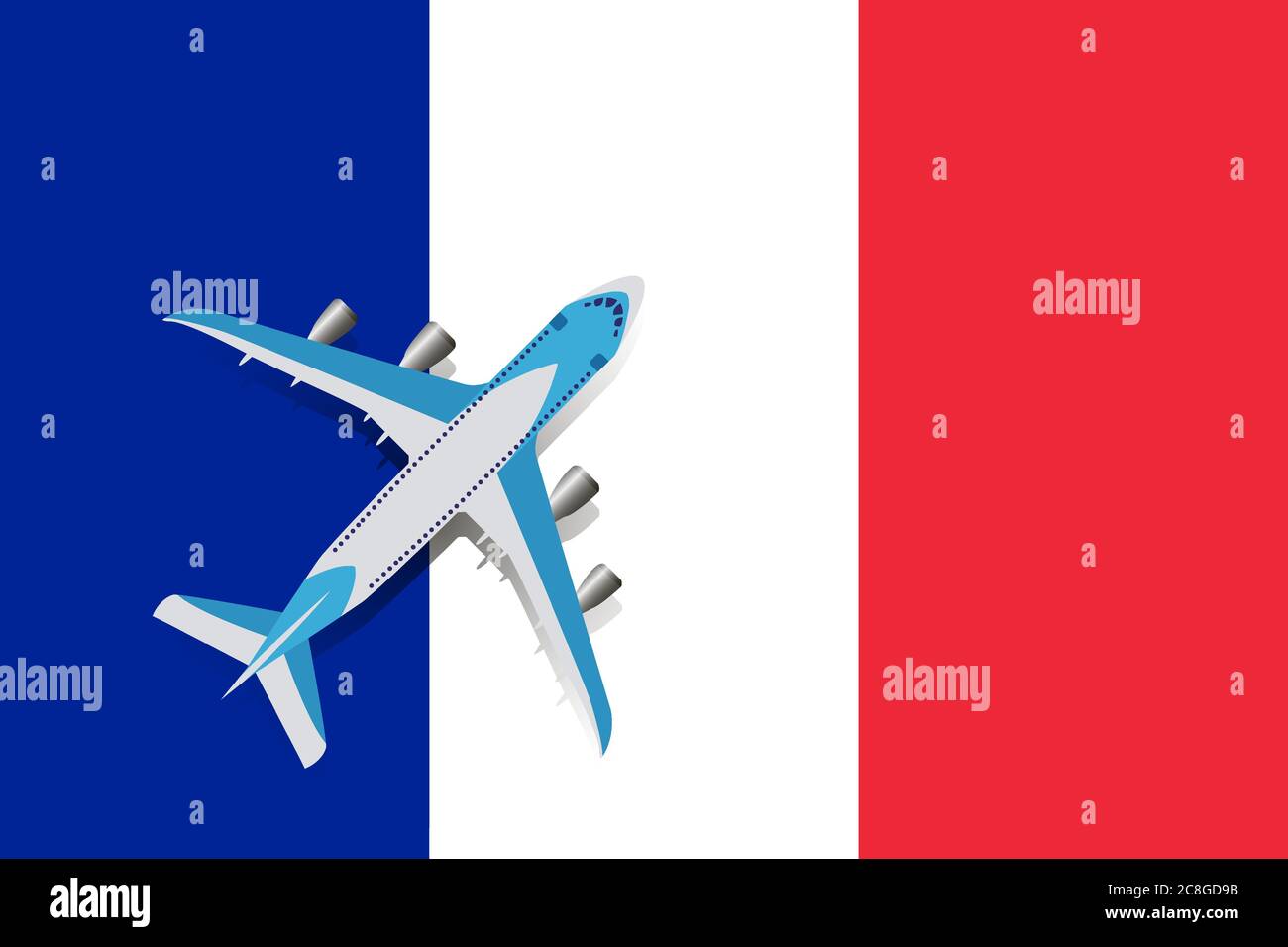 Vector Illustration of a passenger plane flying over the flag of France ...