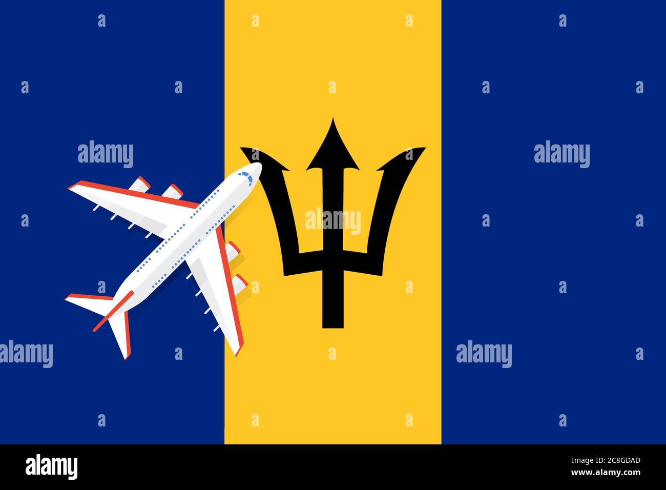 Vector Illustration of a passenger plane flying over the flag of ...