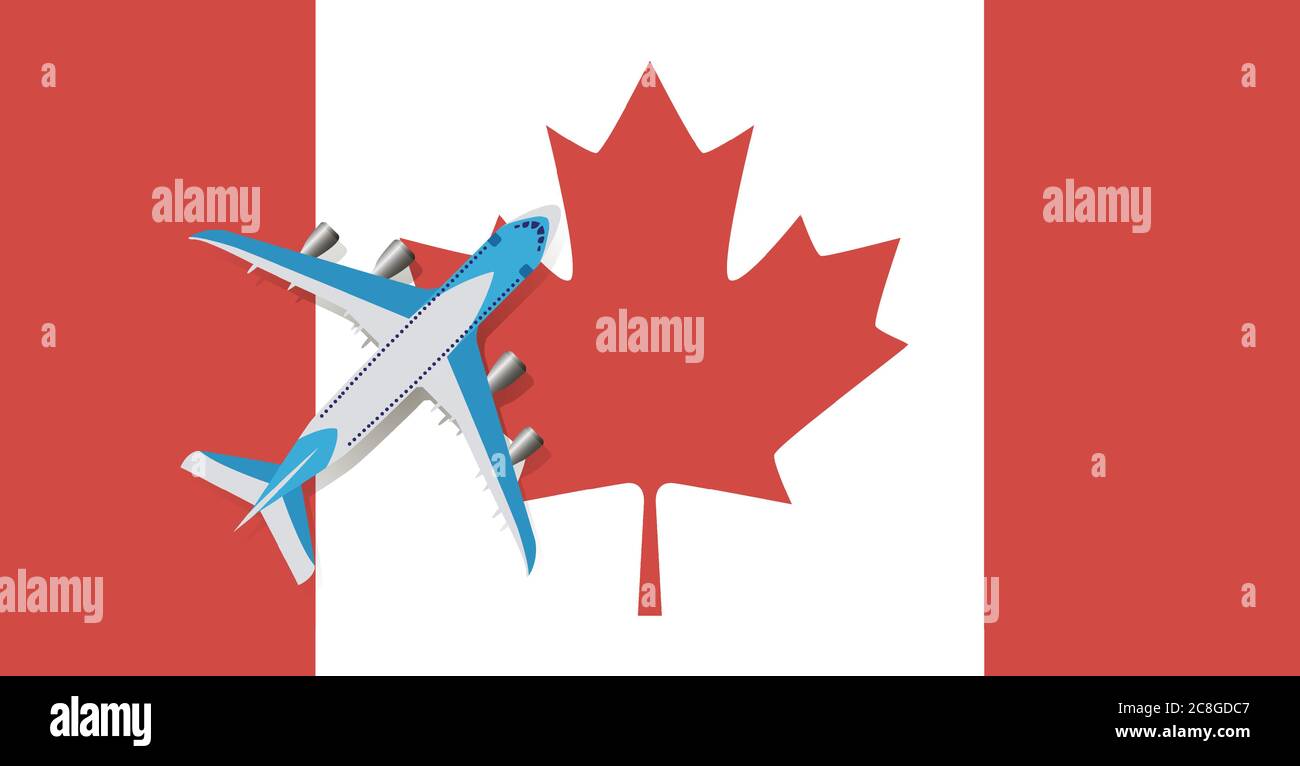 Vector Illustration of a passenger plane flying over the flag of Canada ...