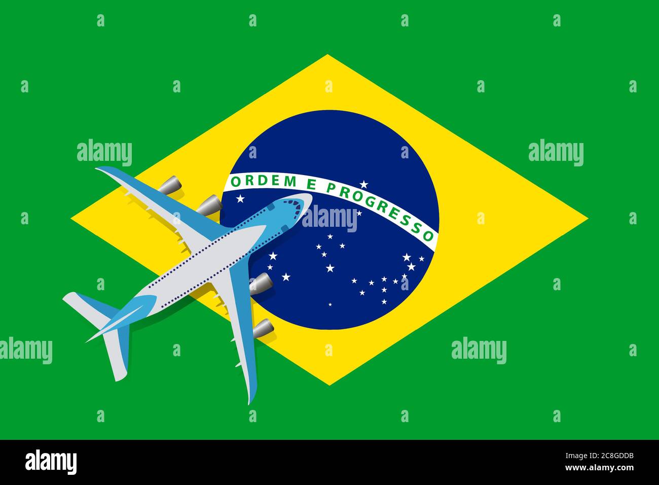 Vector Illustration of a passenger plane flying over the flag of Brazil ...