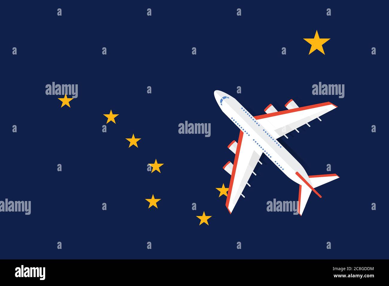 Vector Illustration of a passenger plane flying over the flag of Alaska ...