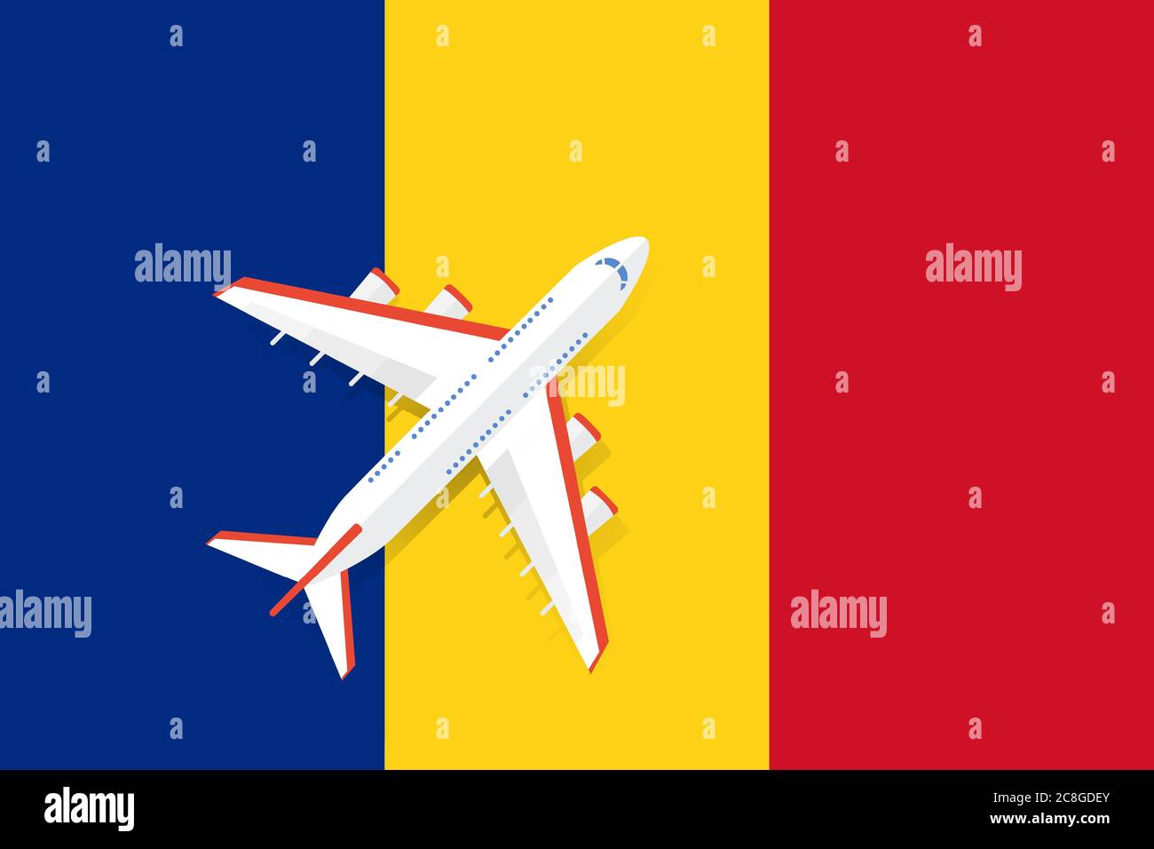 Vector Illustration of a passenger plane flying over the flag of ...