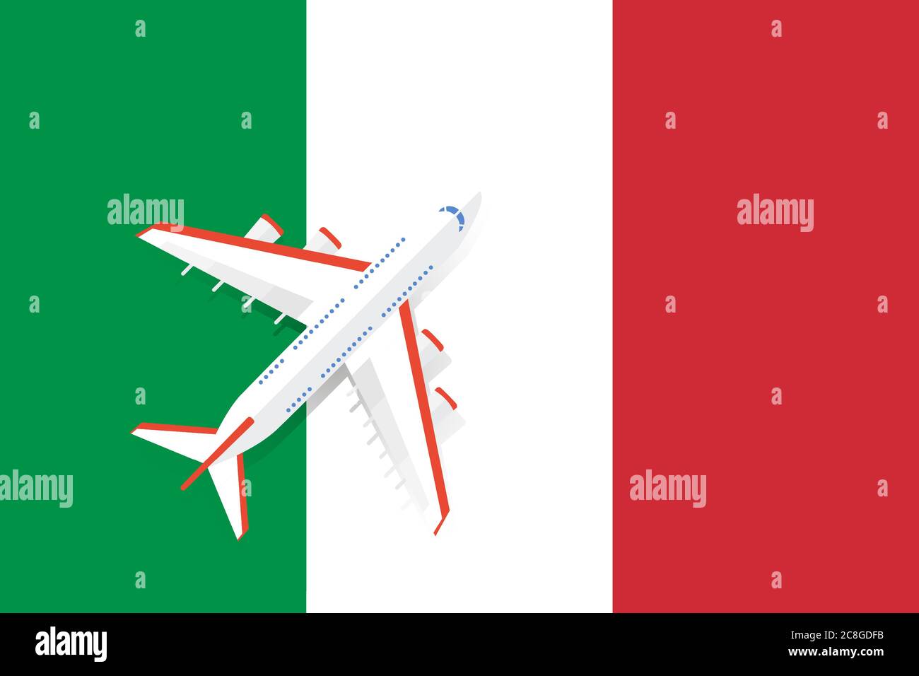 Vector Illustration of a passenger plane flying over the flag of Italy ...