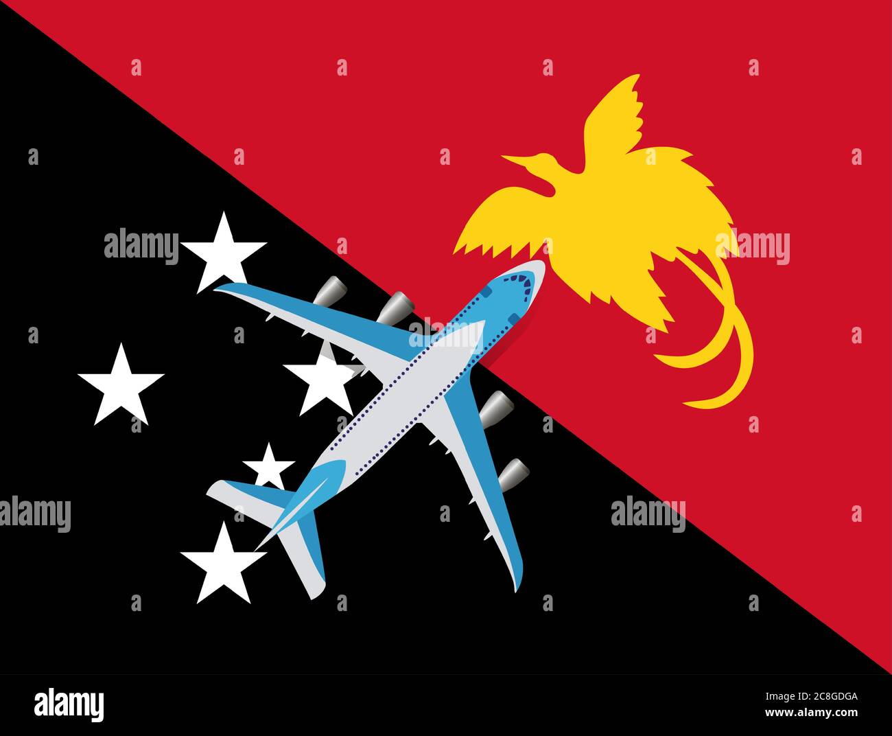 Vector Illustration of a passenger plane flying over the flag of Papua ...