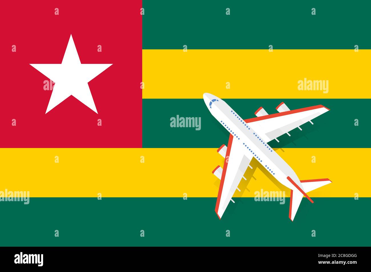 Vector Illustration of a passenger plane flying over the flag of Togo ...