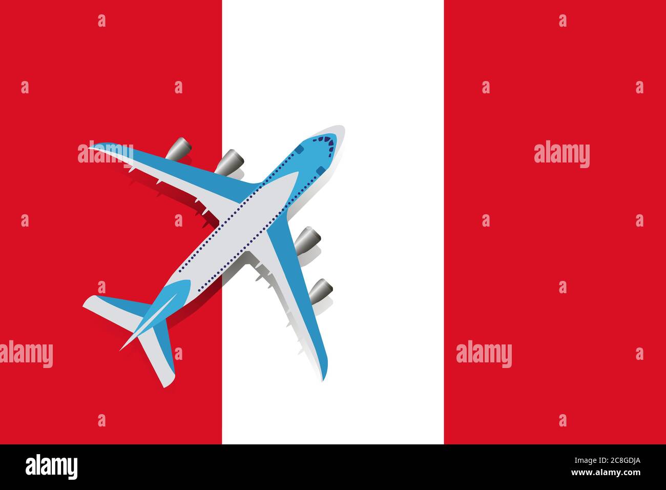 Vector Illustration of a passenger plane flying over the flag of Peru ...