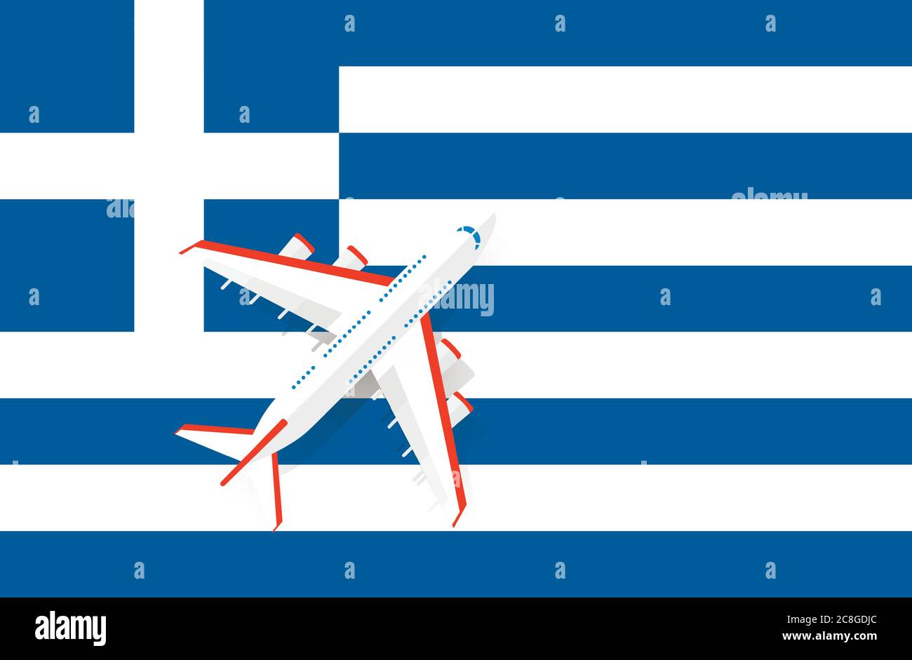 Vector Illustration of a passenger plane flying over the flag of Greece ...