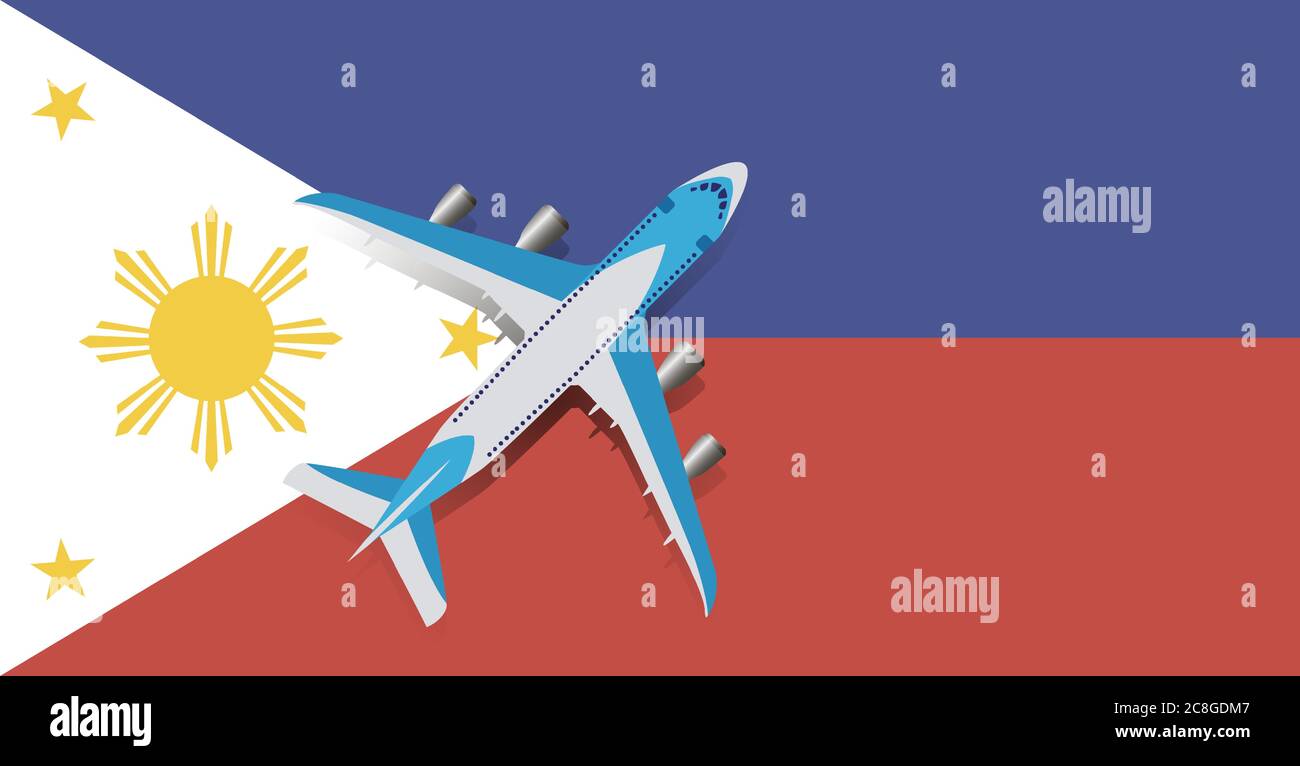 Vector Illustration of a passenger plane flying over the flag of the ...