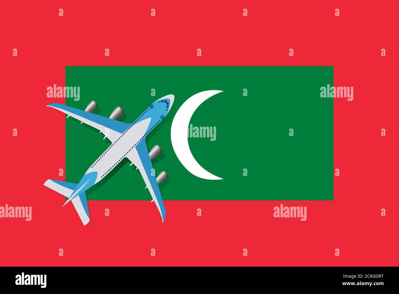 Vector Illustration of a passenger plane flying over the flag of the ...