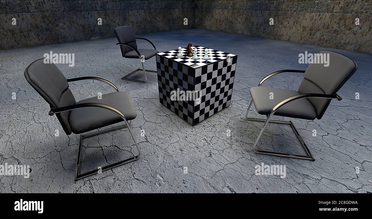 A 3D rendering of cube chess table with chairs Stock Photo - Alamy