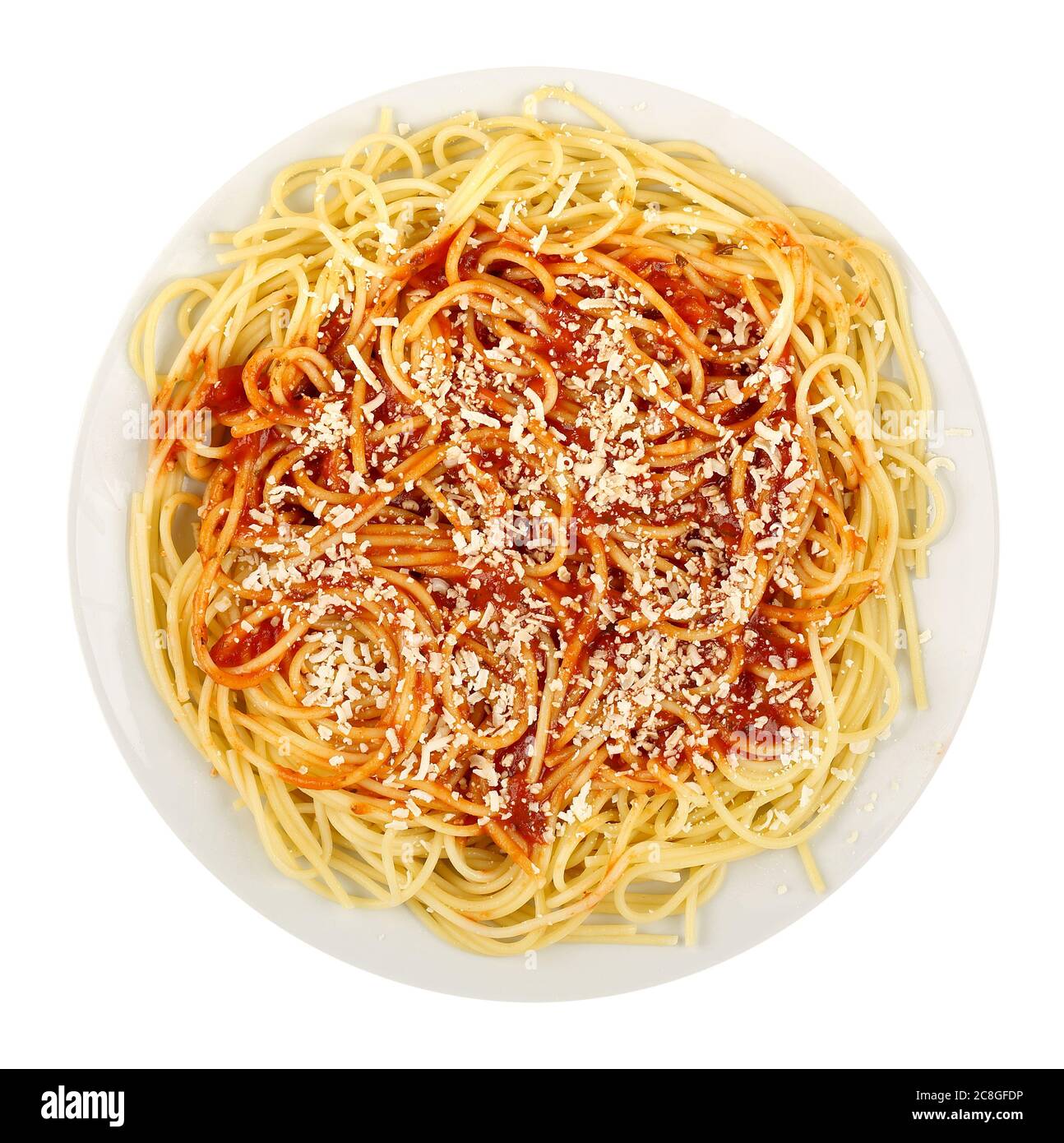 spaghetti with tomato sauce and grated cheese isolated on white ...
