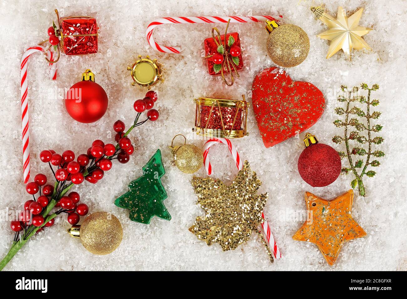 variety of christmas objects on fake snow Stock Photo - Alamy