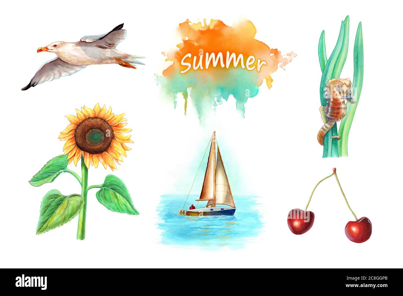 Collection of five summer themed watercolor illustrations, including a ...