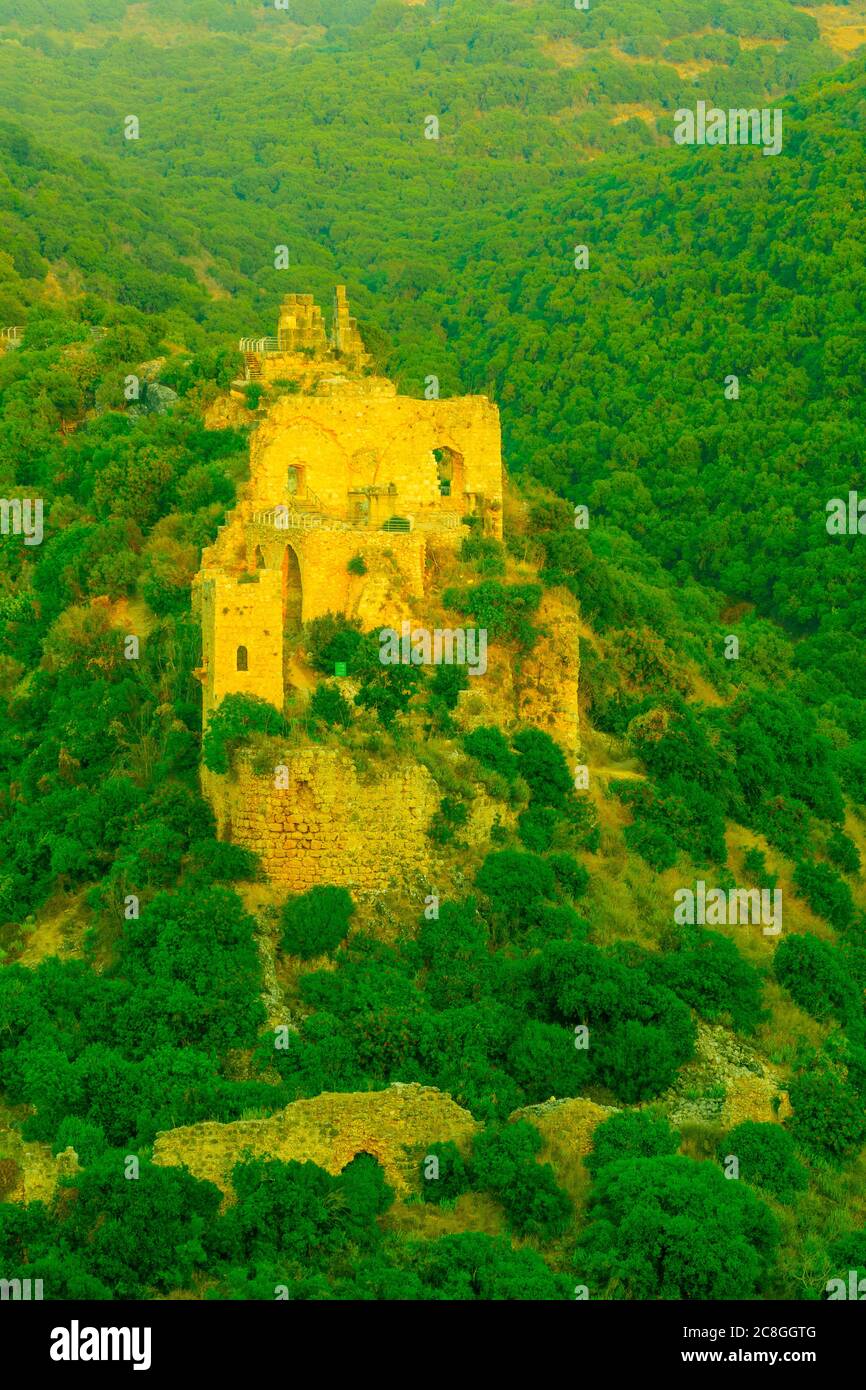 Sunset view of the Montfort Fortress, crusader castle in Northern ...