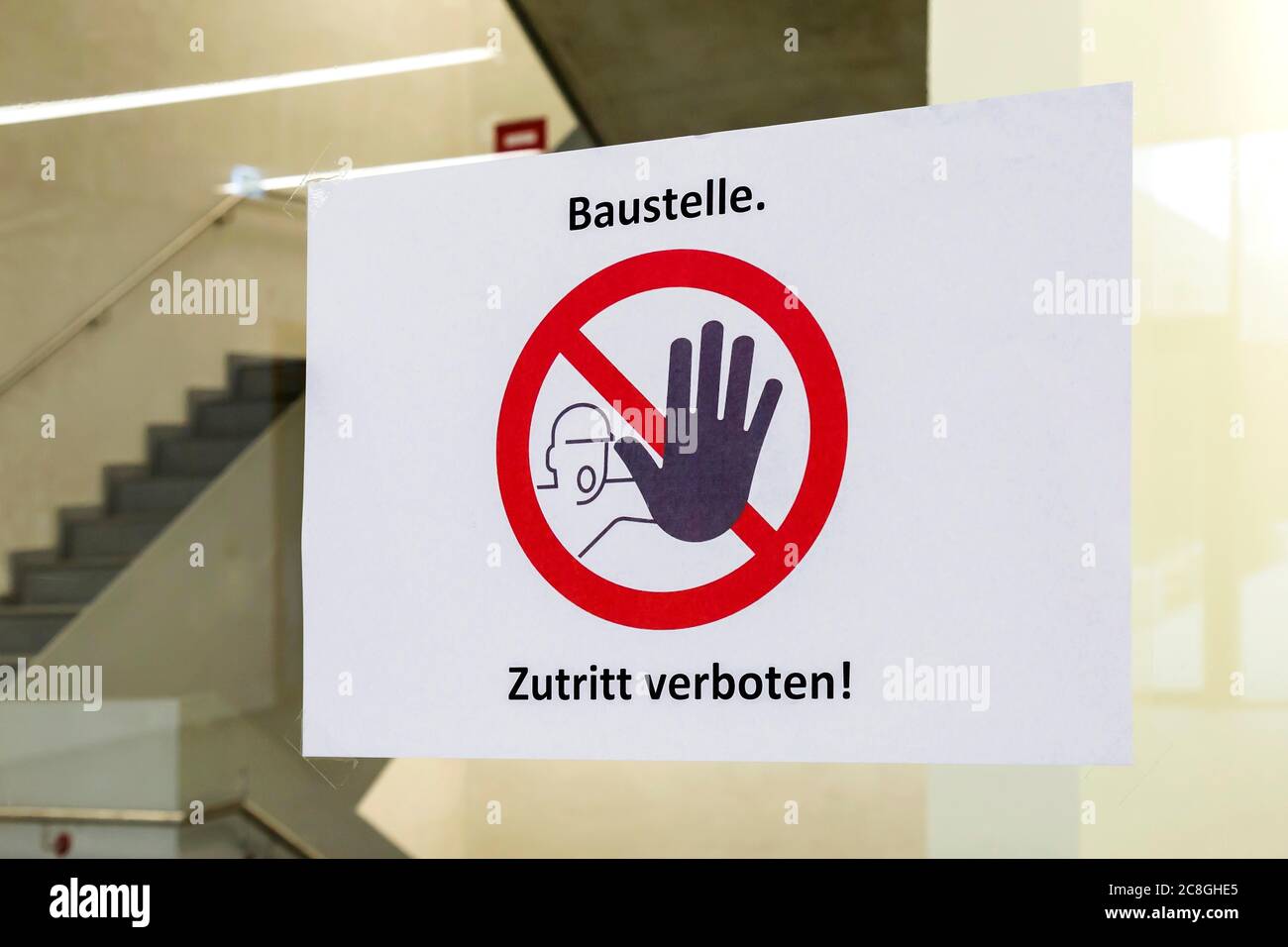Construction site sign access prohibited in a staircase hi-res stock ...