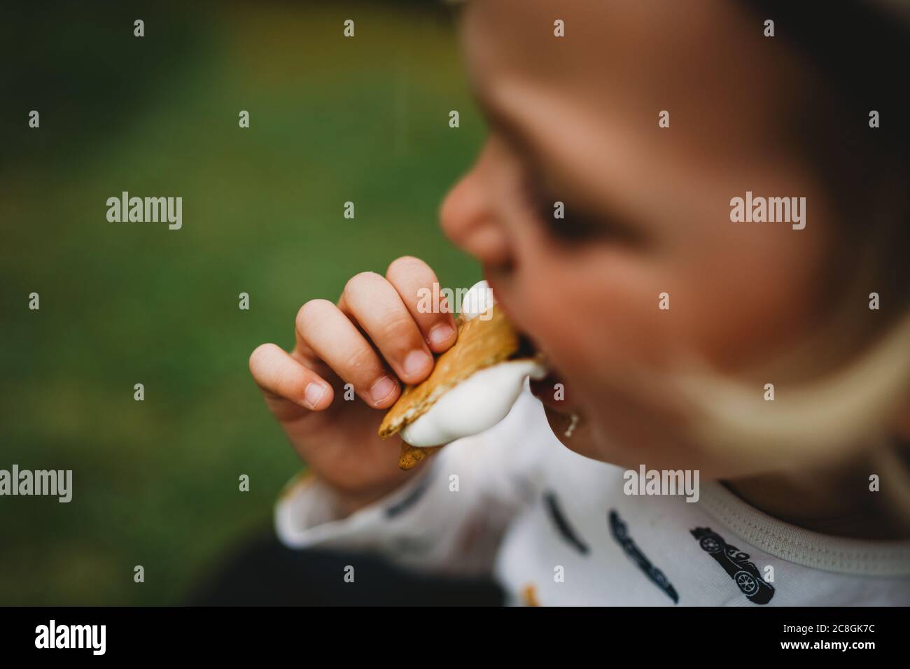 Close up detail of child's hand eating smores with melted marshmallow ...