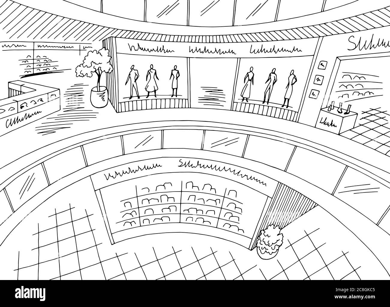 Shopping mall graphic black white interior sketch illustration vector ...