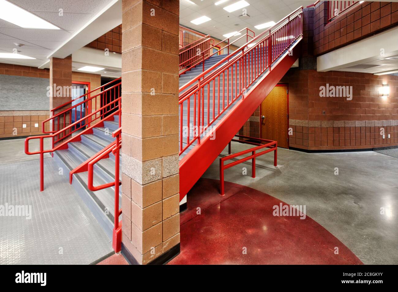 Anti slip floor treads on the steps of an elementary school stairway ...