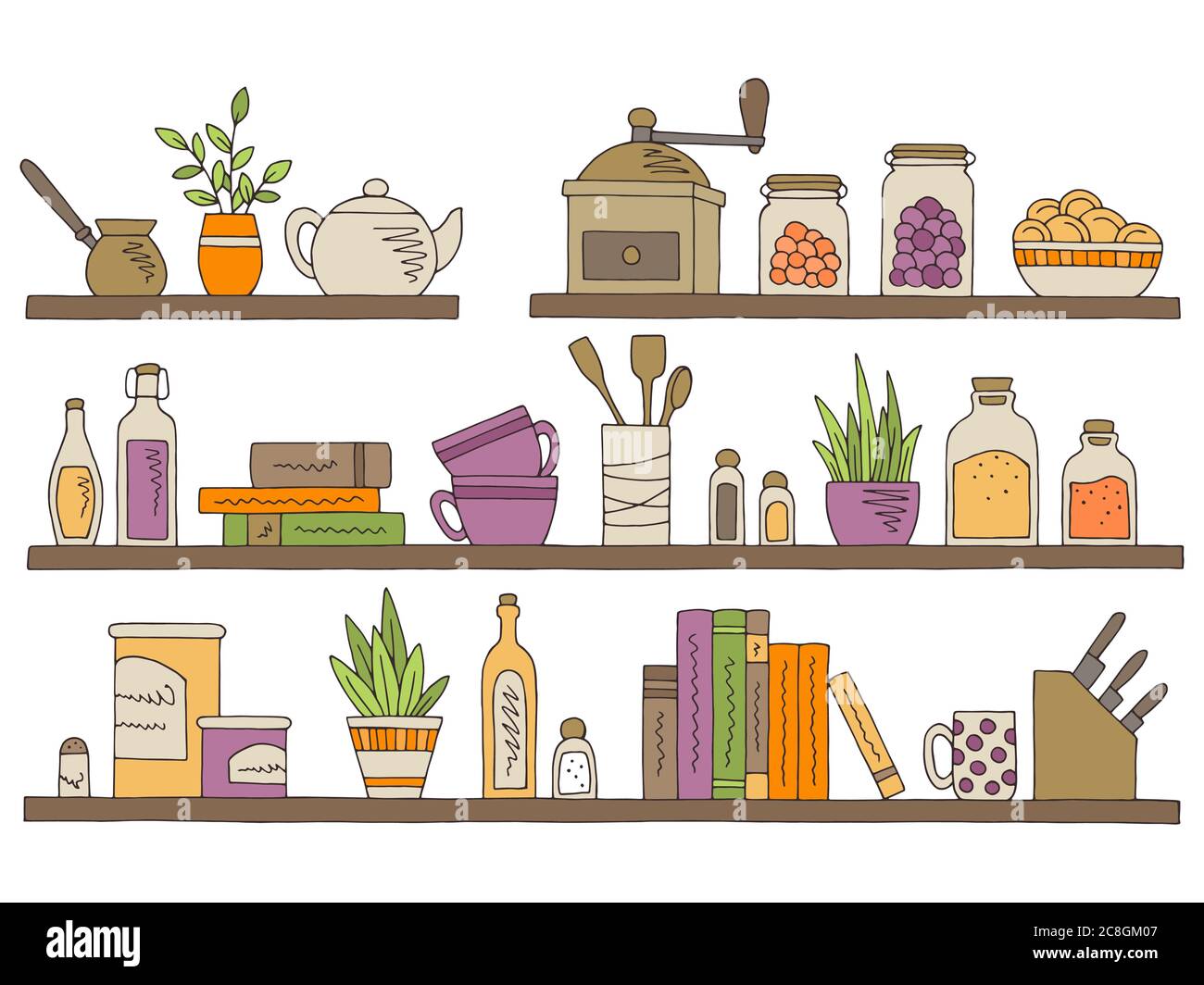 Shelves set graphic color isolated kitchenware sketch illustration ...