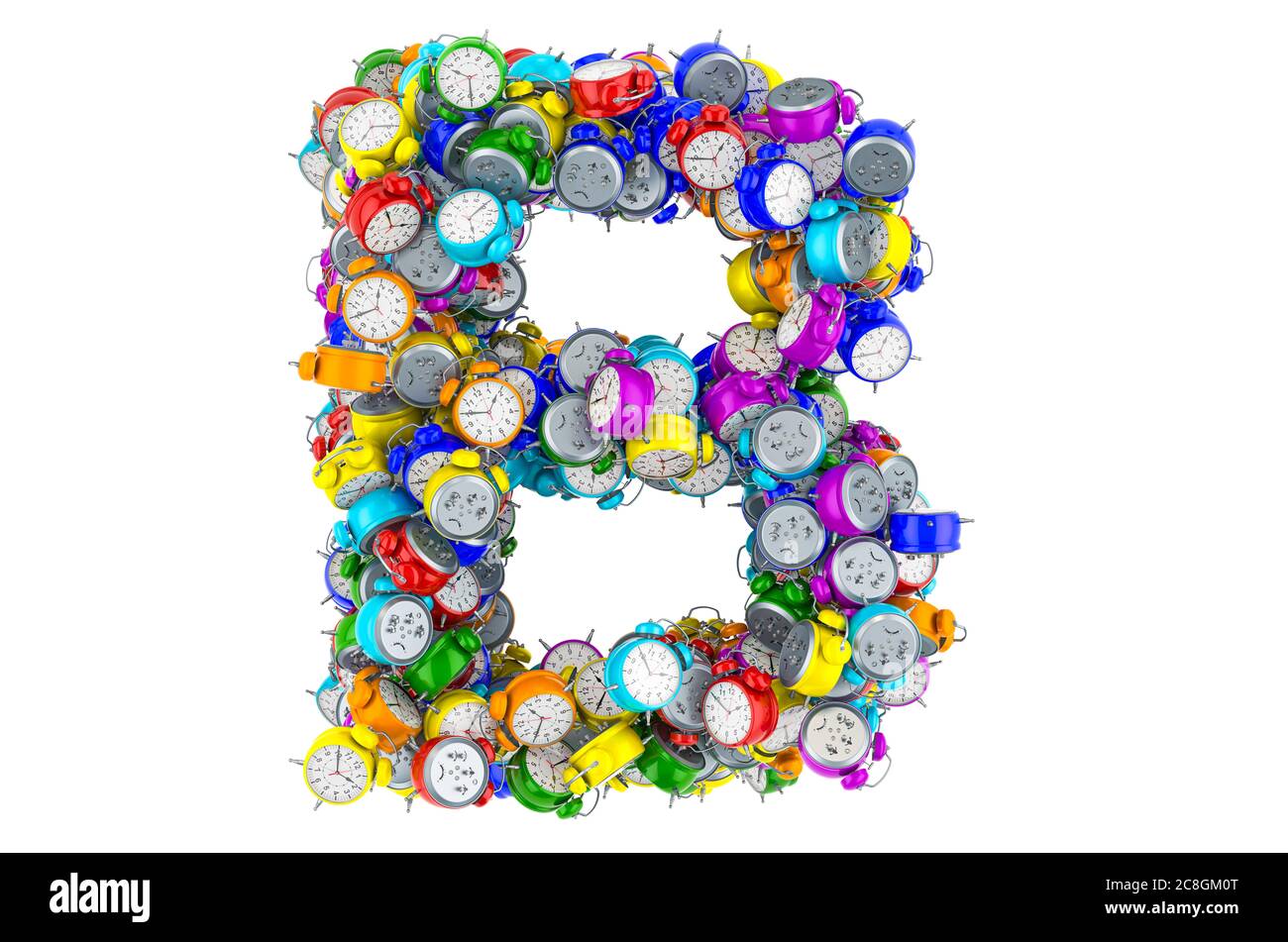Letter B from colored alarm clocks, 3D rendering isolated on white ...
