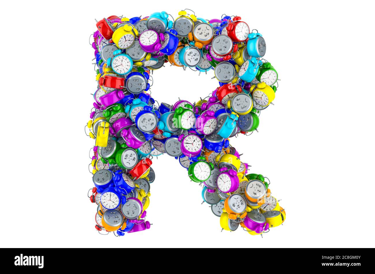 Letter R from colored alarm clocks, 3D rendering isolated on white ...