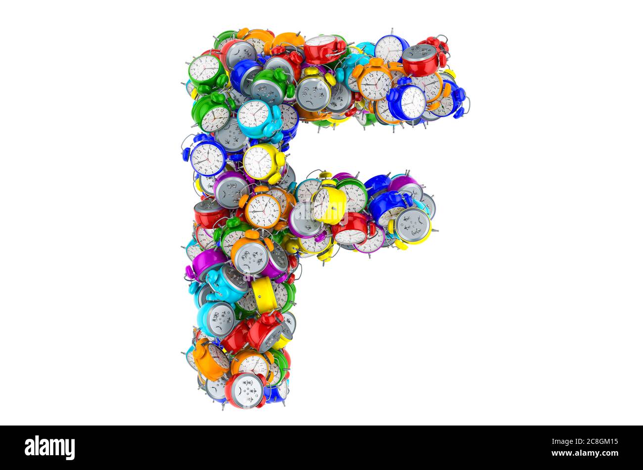 Letter F from colored alarm clocks, 3D rendering isolated on white ...