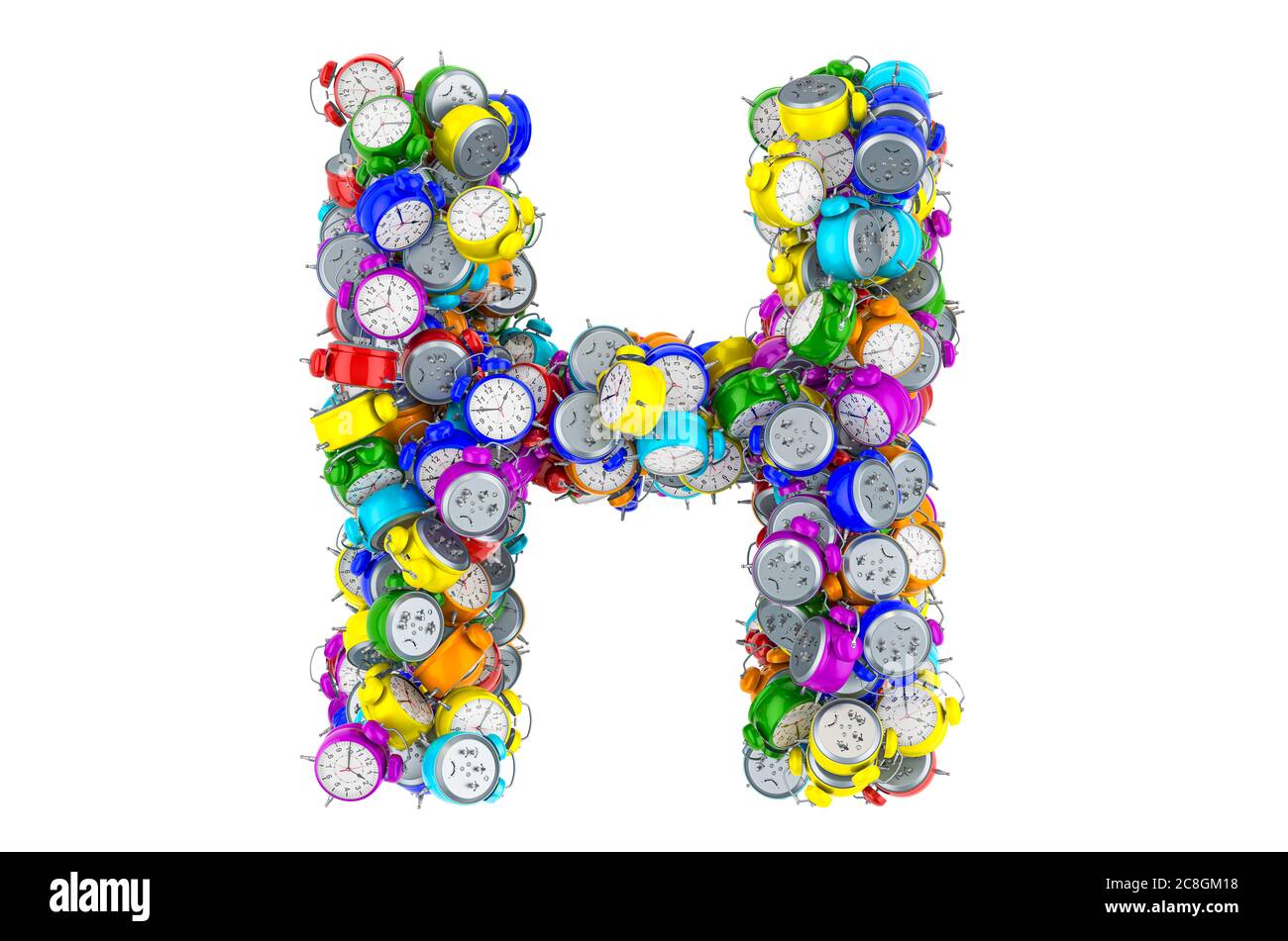 Letter H from colored alarm clocks, 3D rendering isolated on white ...