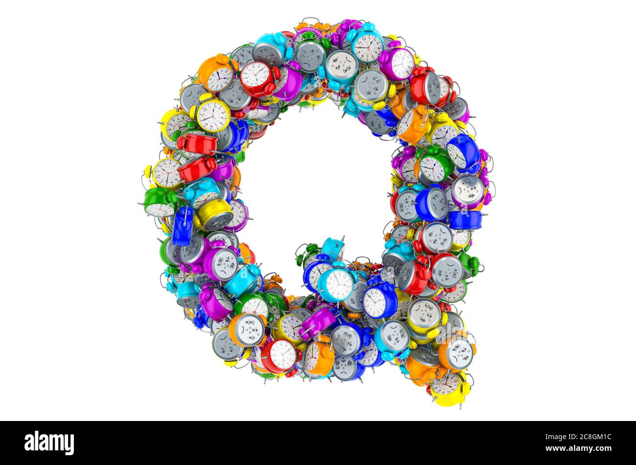 Letter Q from colored alarm clocks, 3D rendering isolated on white ...