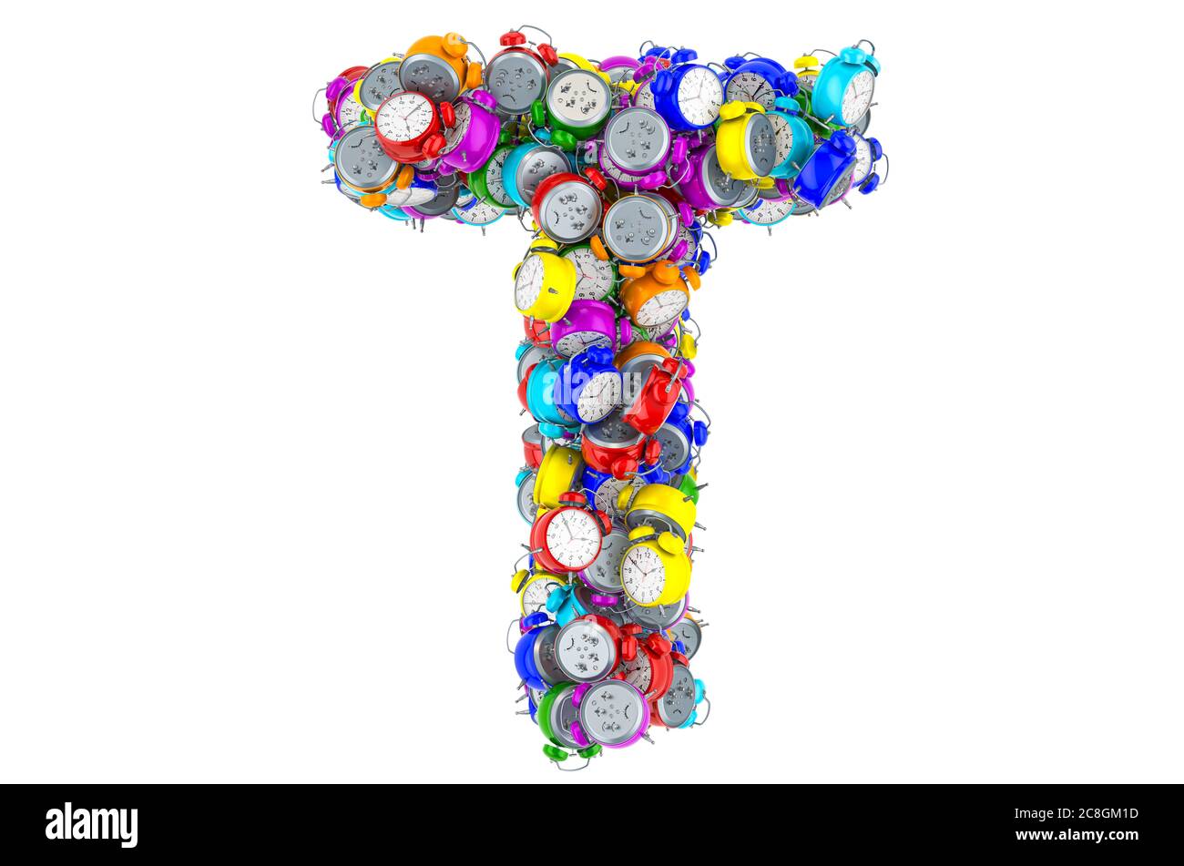 Letter T from colored alarm clocks, 3D rendering isolated on white ...