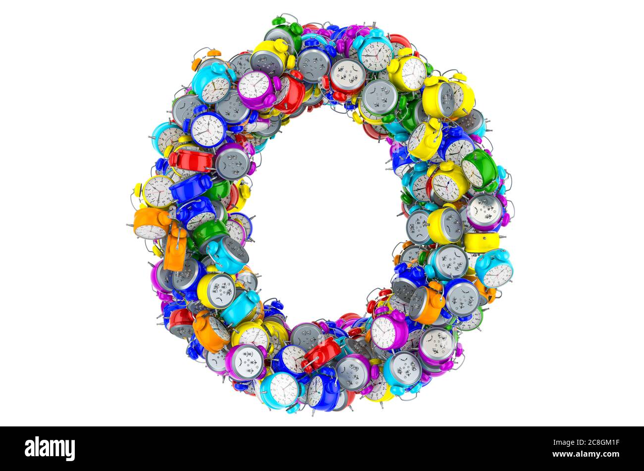 Letter O from colored alarm clocks, 3D rendering isolated on white ...