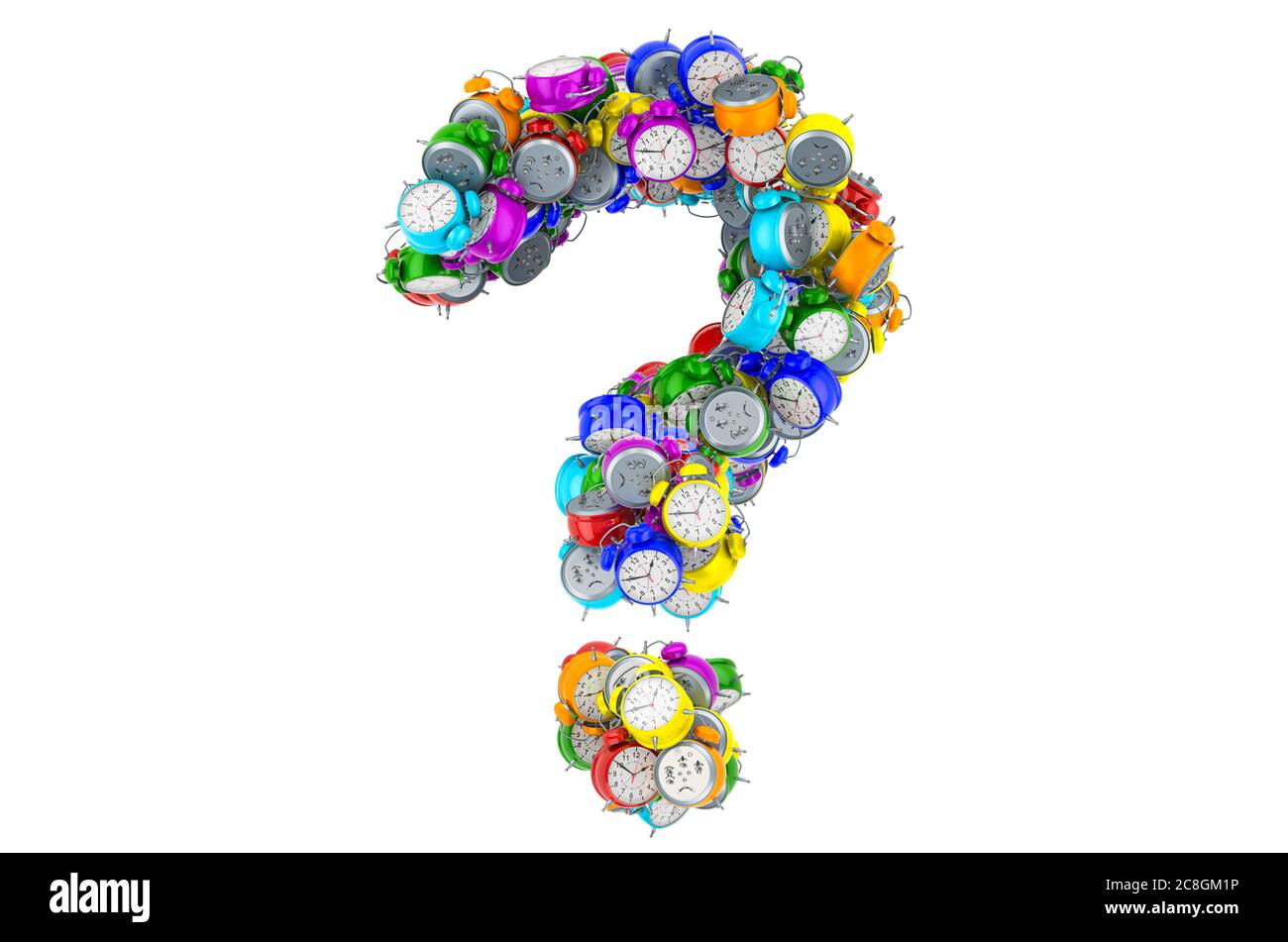 Question mark from colored alarm clocks, 3D rendering isolated on white ...