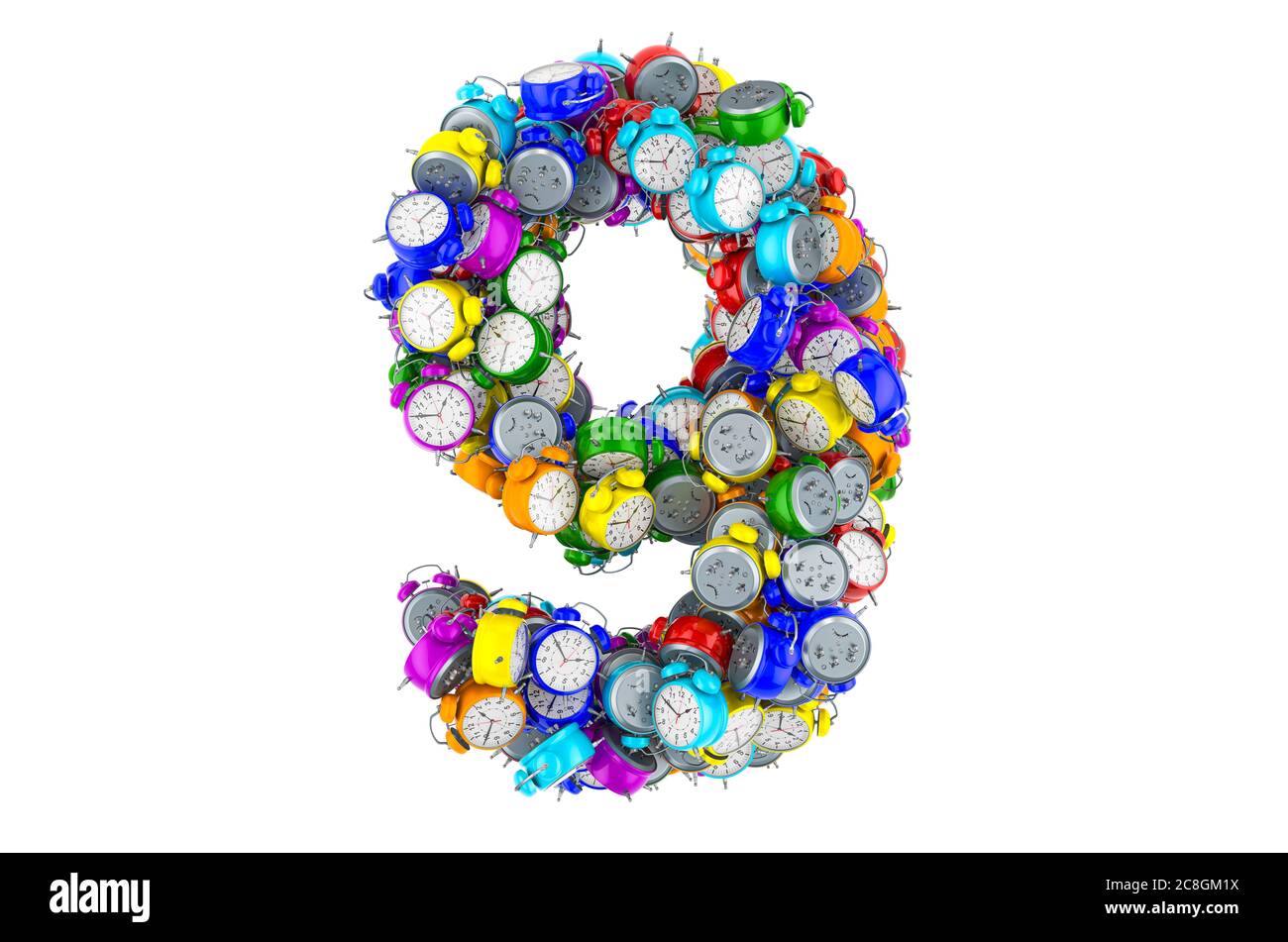 Number 9 from colored alarm clocks, 3D rendering isolated on white ...