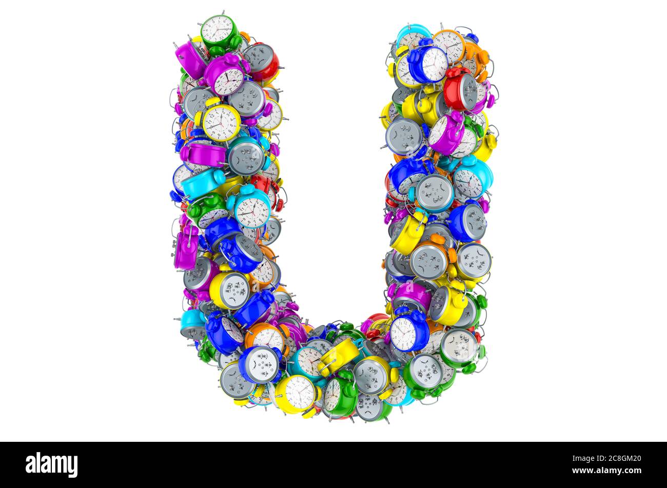 Letter U from colored alarm clocks, 3D rendering isolated on white ...