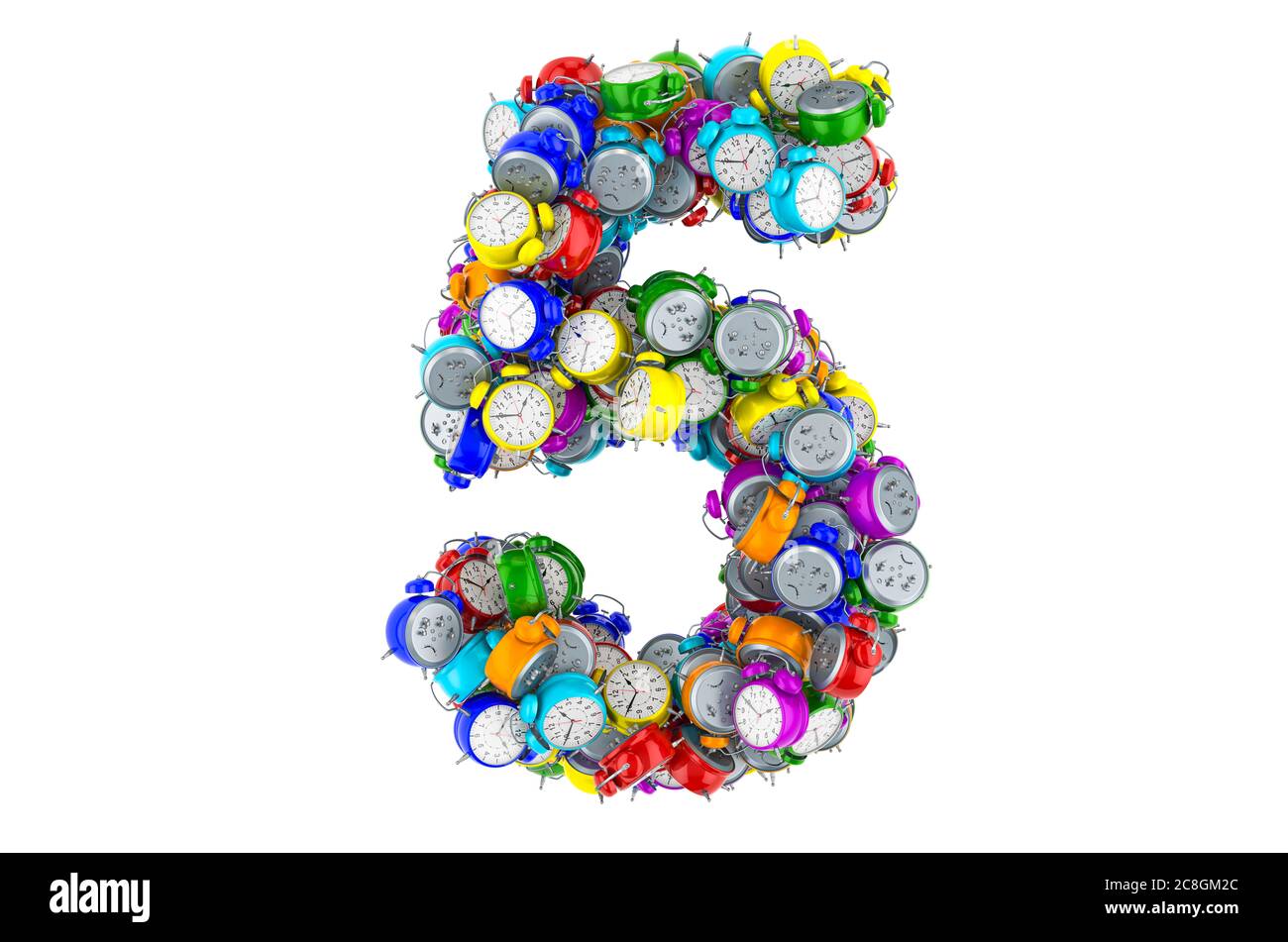 Number 5 from colored alarm clocks, 3D rendering isolated on white ...