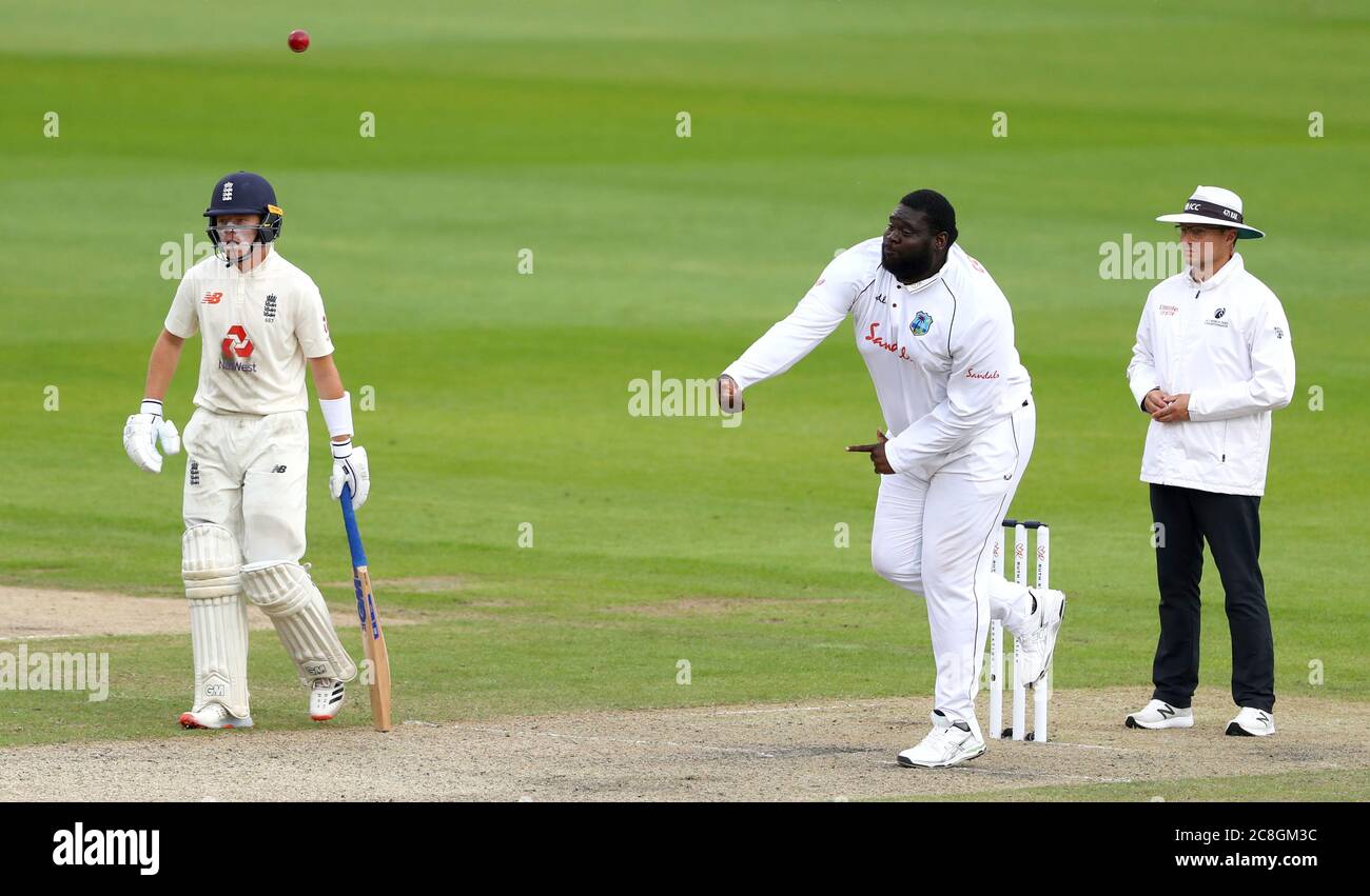 West Indies' Rahkeem Cornwall bowls during day one of the Third Test at ...