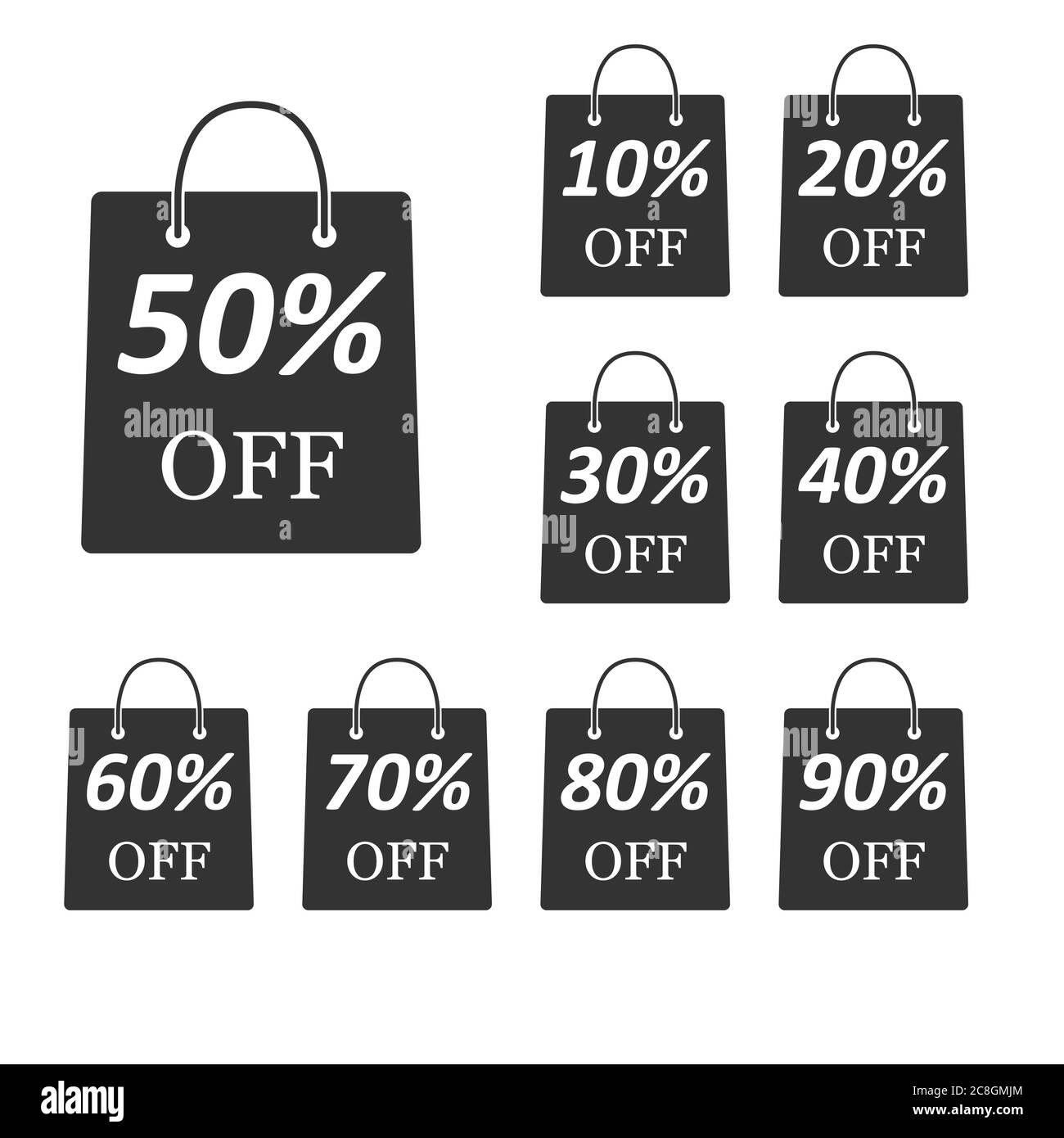 Package with the discount amount. A set of simple vector icons isolated ...