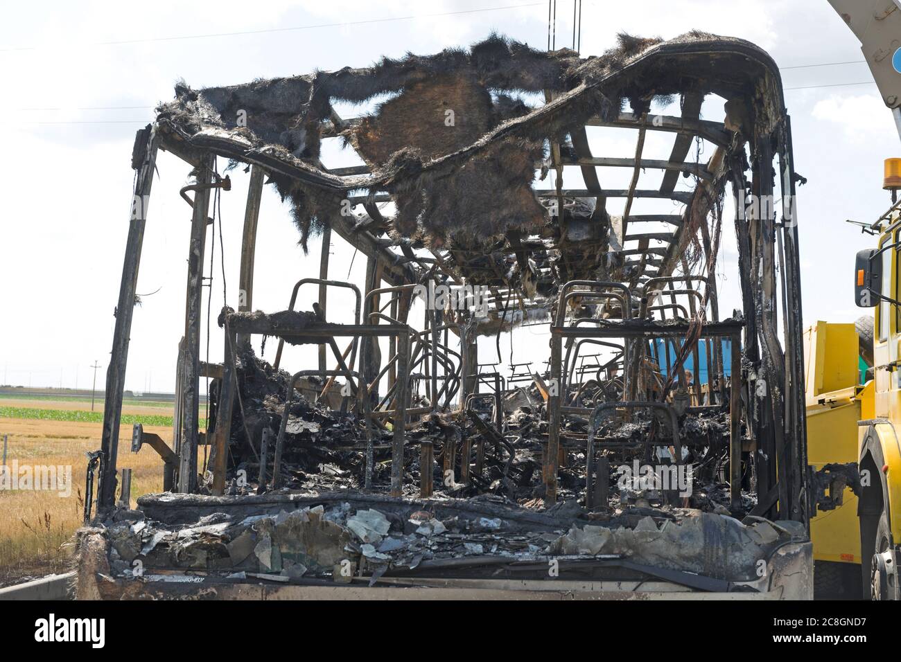Burned Coach Bus Vehicle at Highway Accident Stock Photo - Alamy