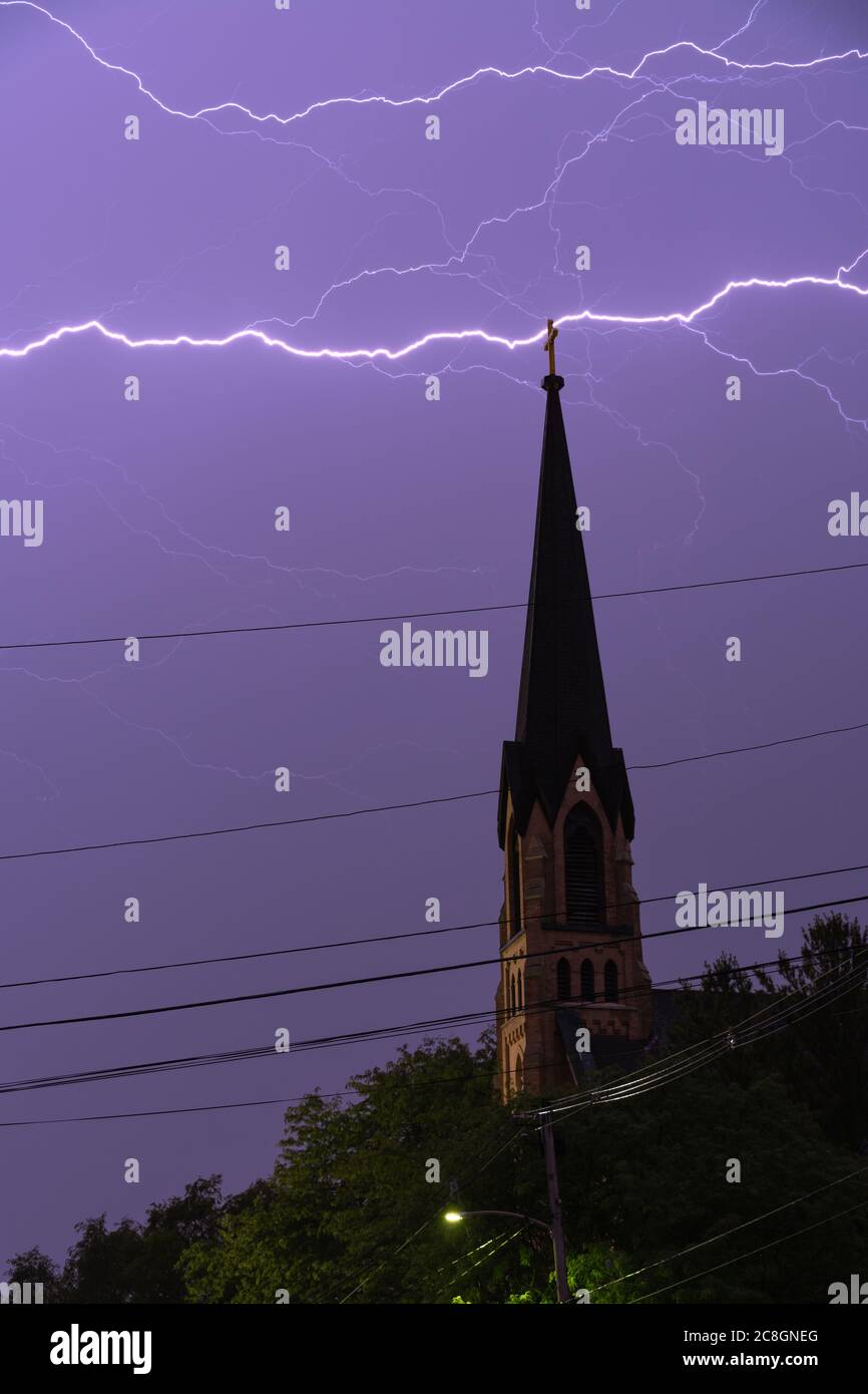 Lighttning storm over church in the Midwest. Peru, Illinois, USA Stock ...
