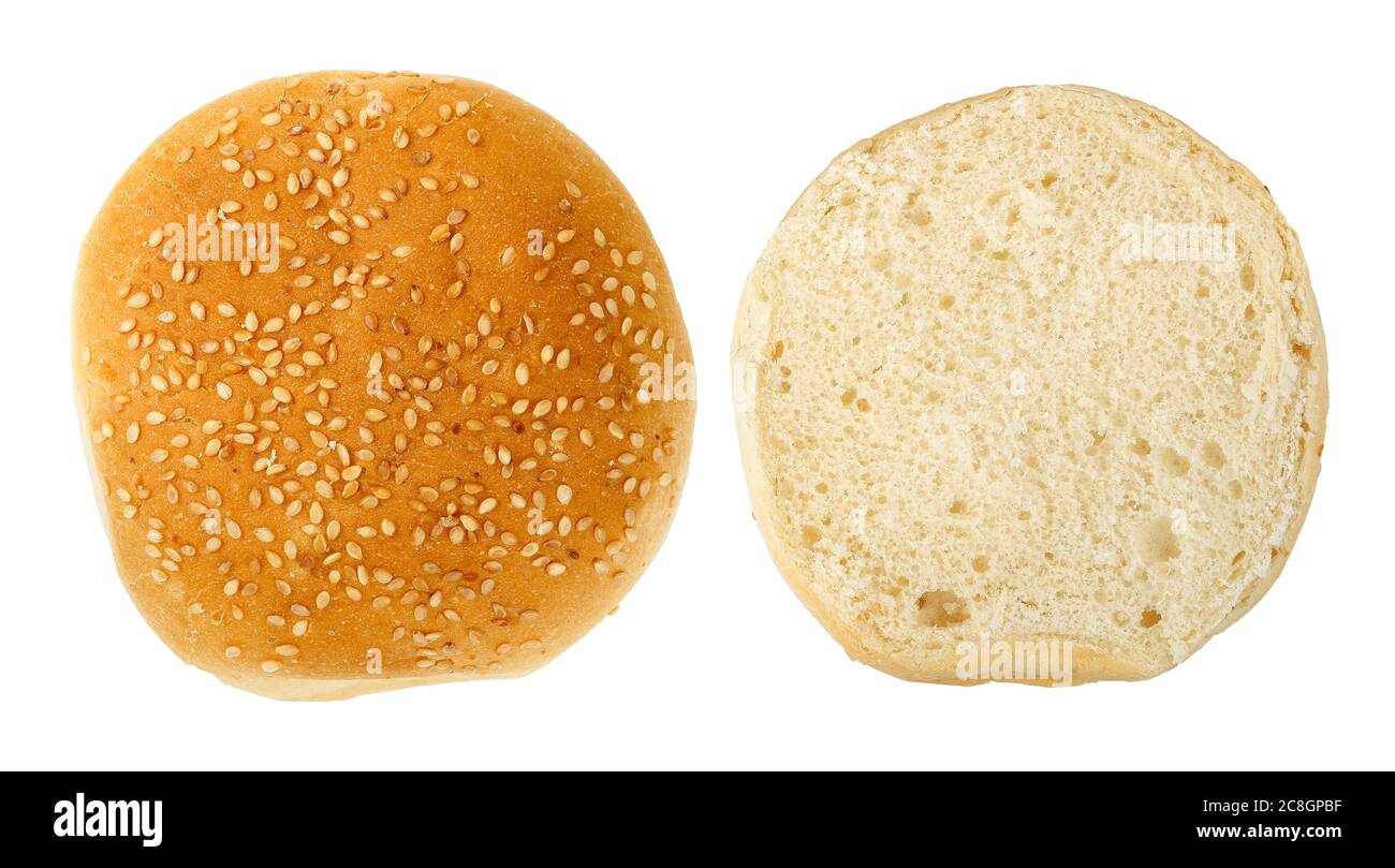 burger bun cut in half isolated on white Stock Photo - Alamy