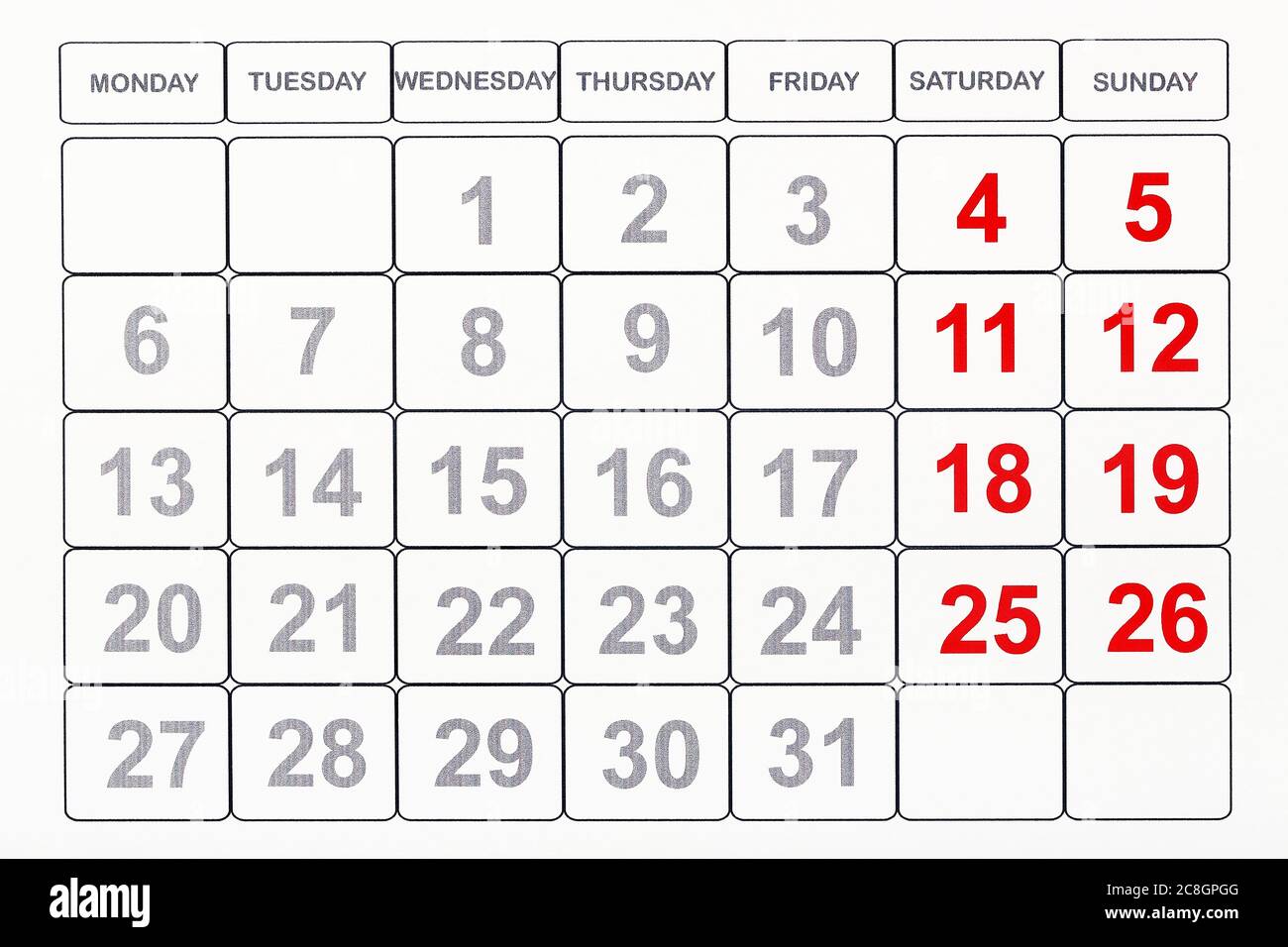 custom made calendar with grey and red numbers Stock Photo - Alamy