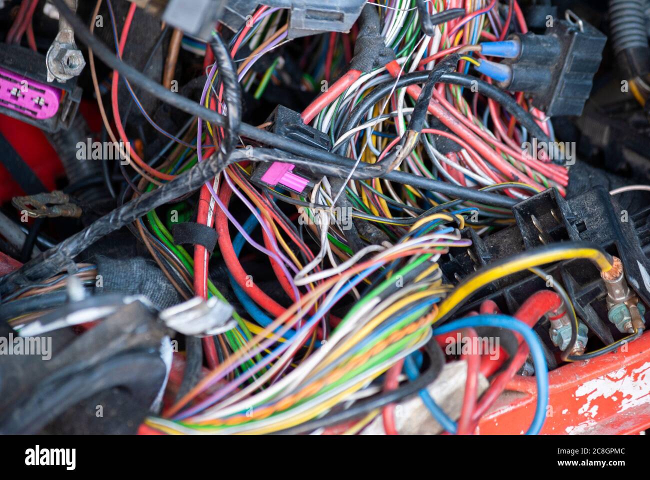 Electronic waste of outdoor cables, dirty and wasted, discarded raw ...