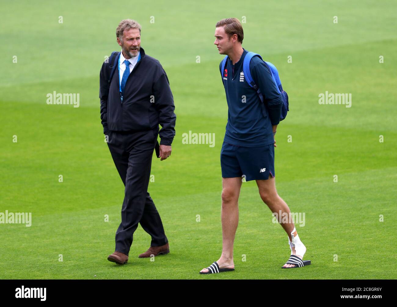 Match referee Chris Broad (left) and Stuart Broad after day one of the ...